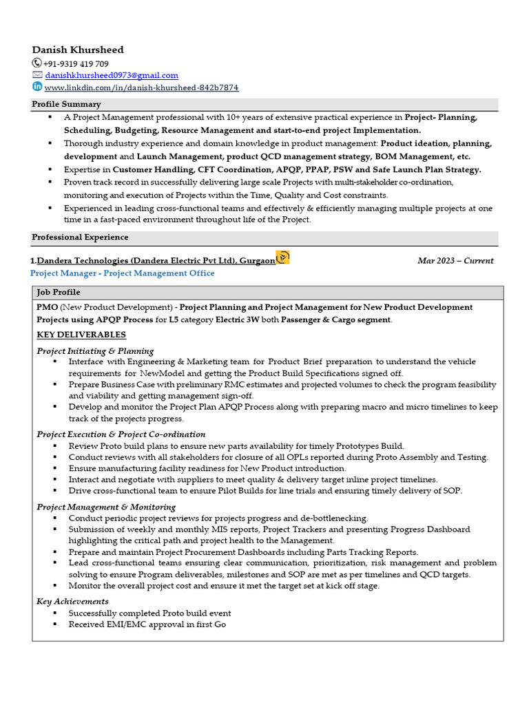 Project Management Professional Profile | PDF | Project Management ...