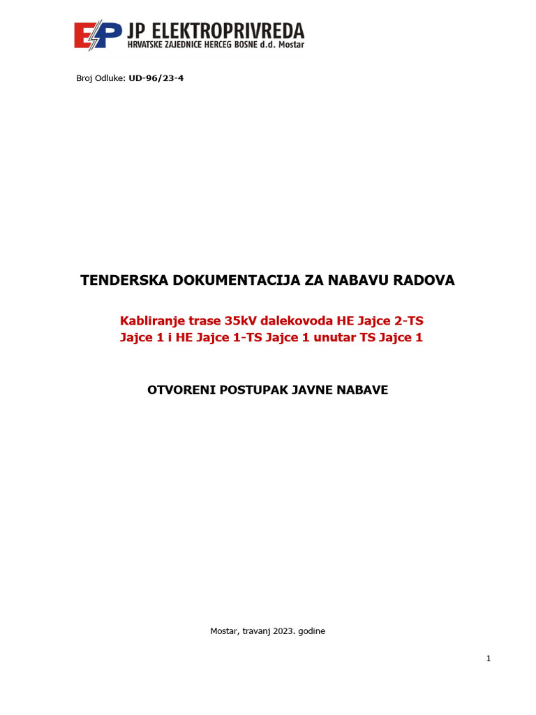 Tenderska Dokumentacija Za Nabavu Radova | PDF