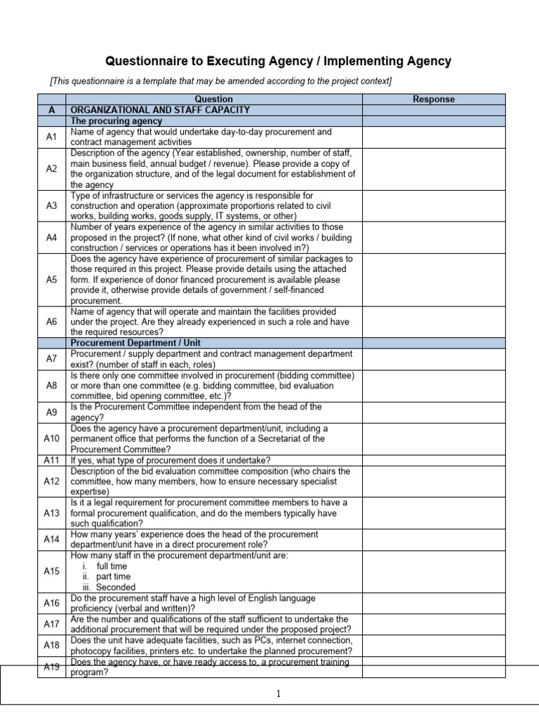 Questionnaire Executing Agency Implementing Agency | PDF