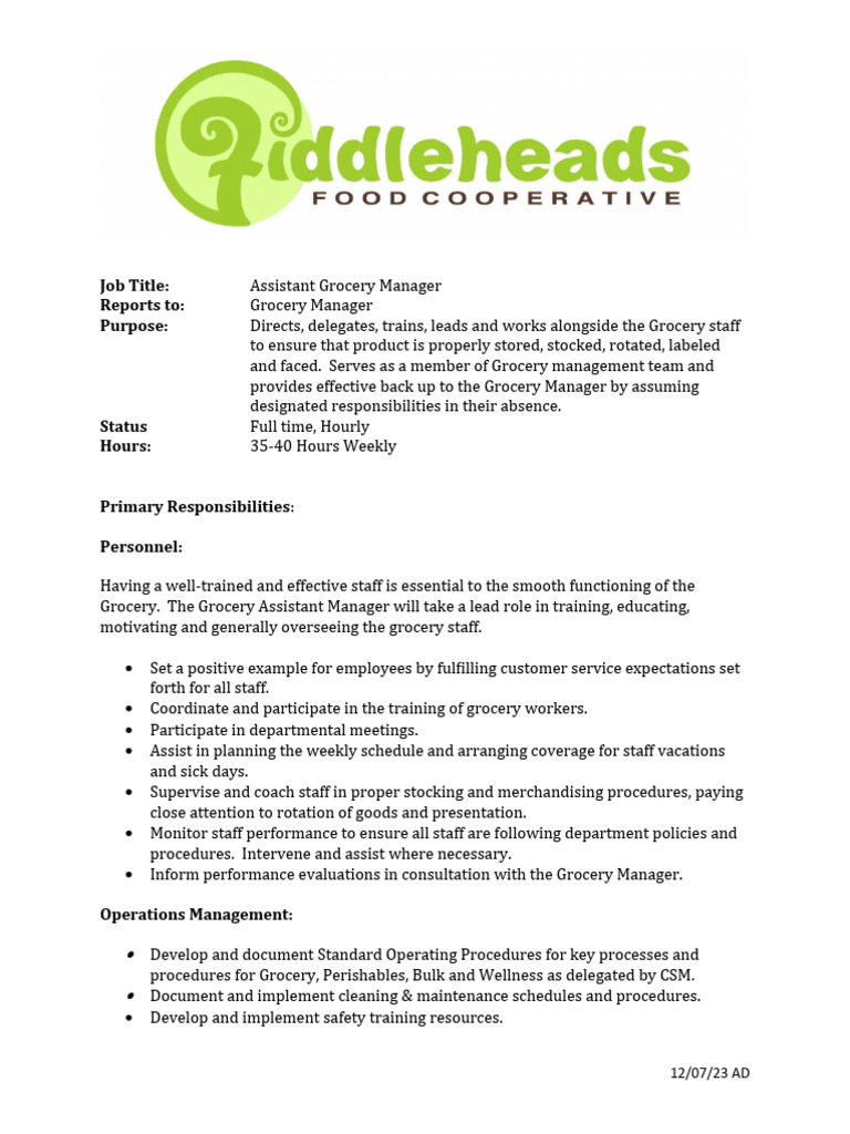 Assistant Grocery Manager | PDF | Grocery Store | Sales