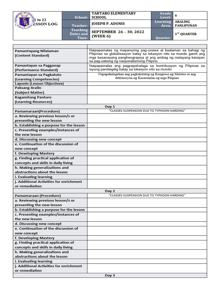 DLL Araling-Panlipunan-6 Q1 W6 | PDF