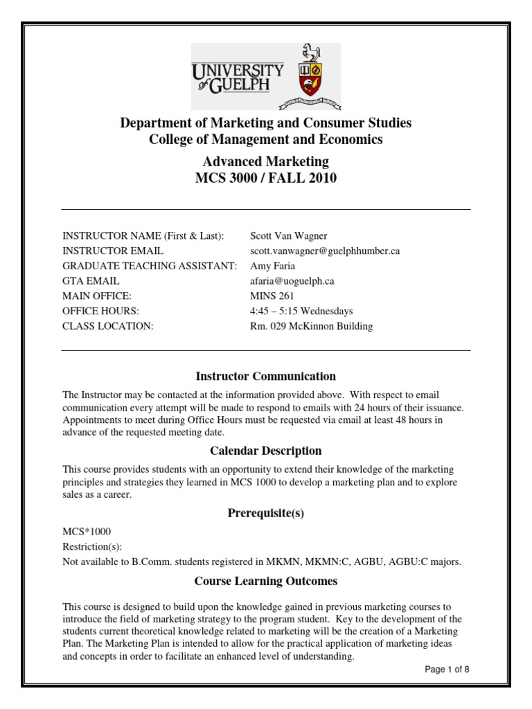 Advanced Marketing MCS 3000 Course Outline - Fall 2010 | PDF | Teaching Method | Marketing