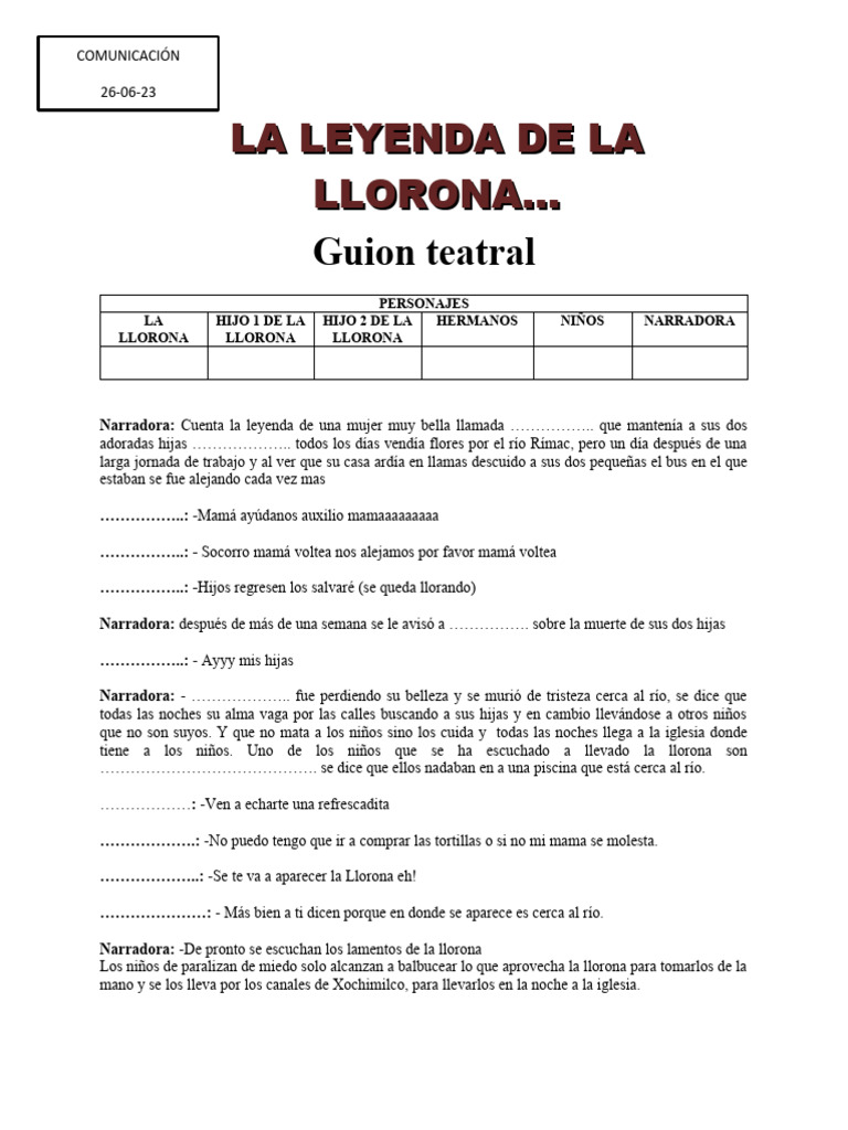 Ejemplo Guion Teatral La Llorona | PDF