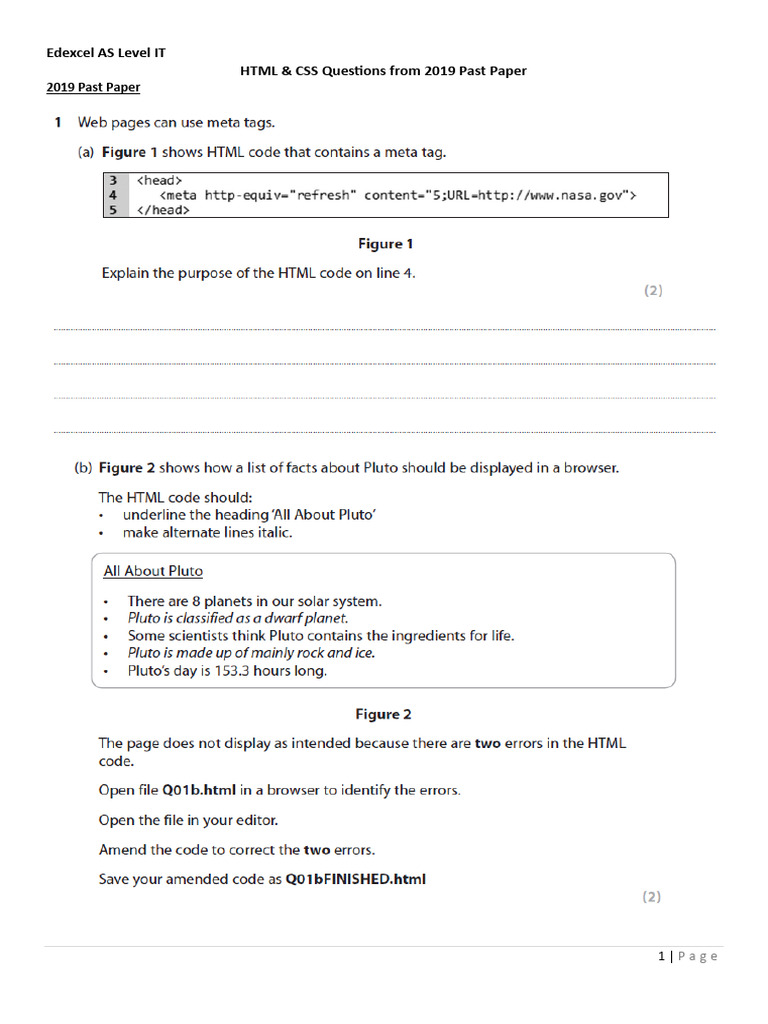 2019 HTML & CSS Past Paper Questions | PDF