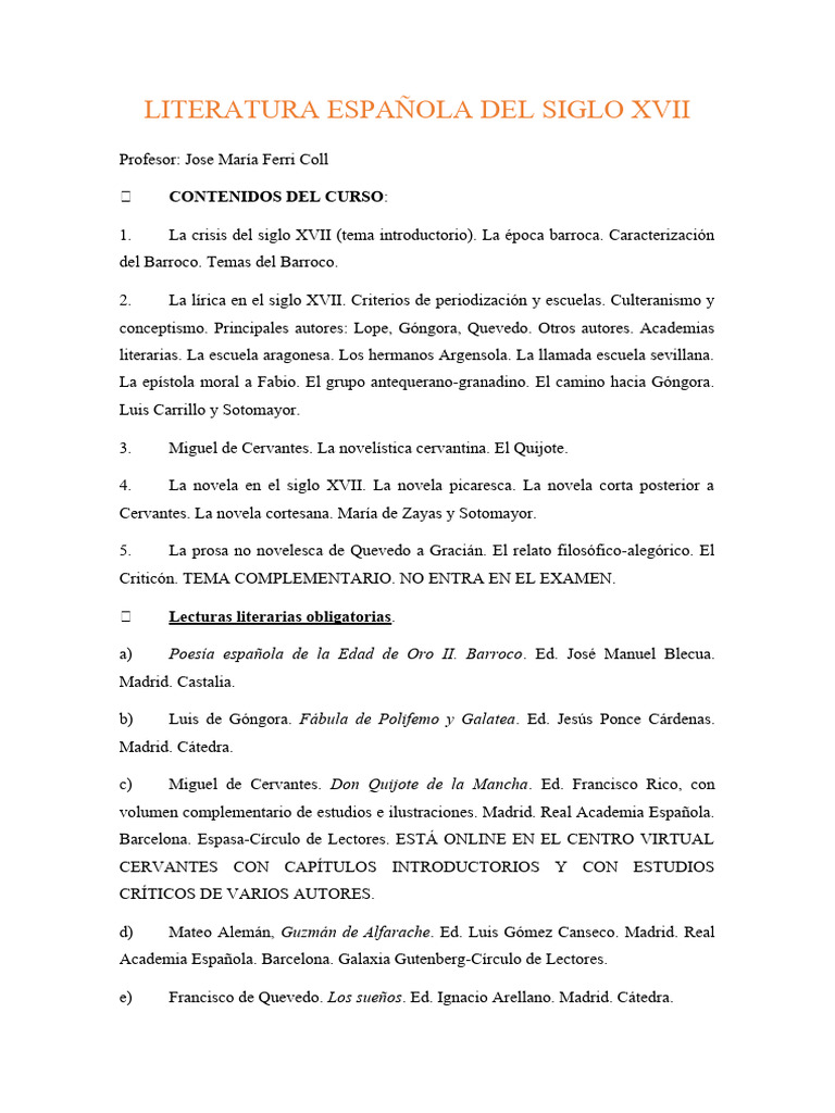 Apuntes Literatura Española Del Siglo Xvii | PDF | Miguel De Cervantes ...
