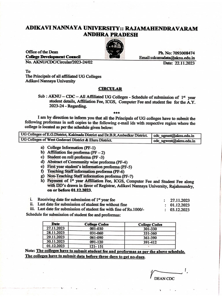 Schedule of Submission of 1st Year Student Details, Affiliation Fee ...