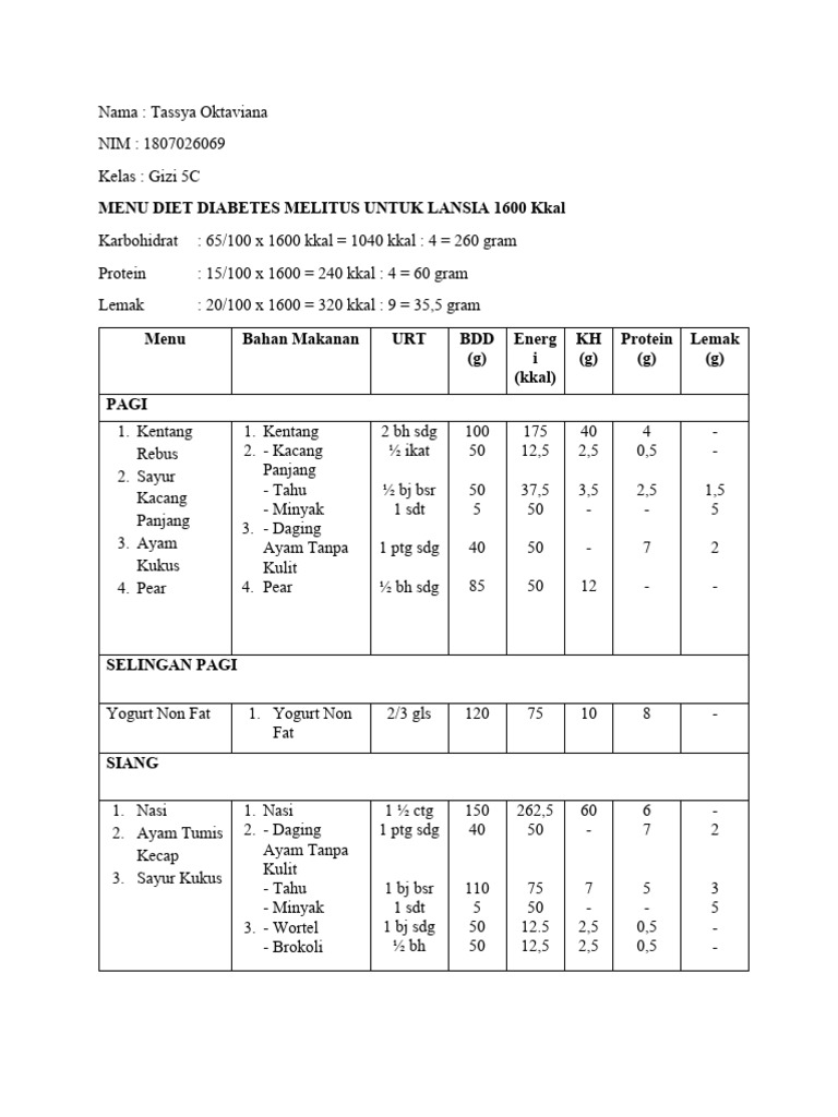 Tassya Oktaviana - Gizi 5C - Menu Diet DM Untuk Lansia 1600 Kkal | PDF