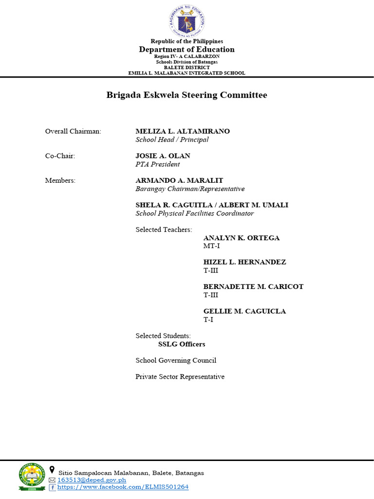 Brigada Eskwela Steering Committee and Working Committee | PDF