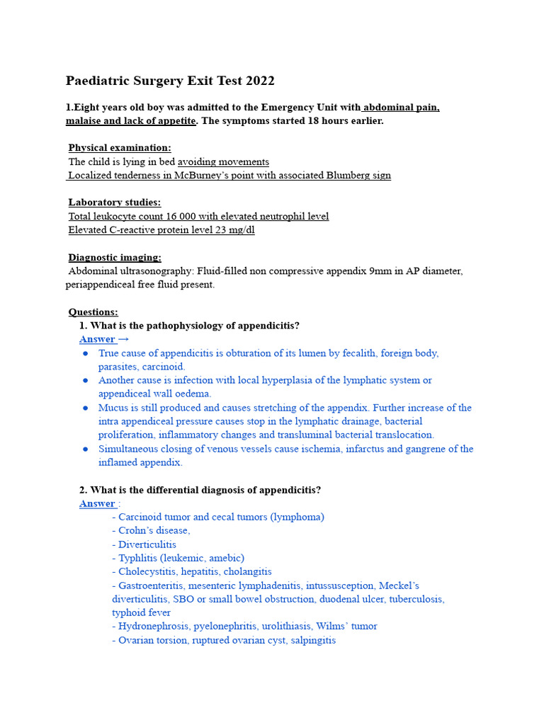 Paediatric Surgery Exit Test 2022 | PDF