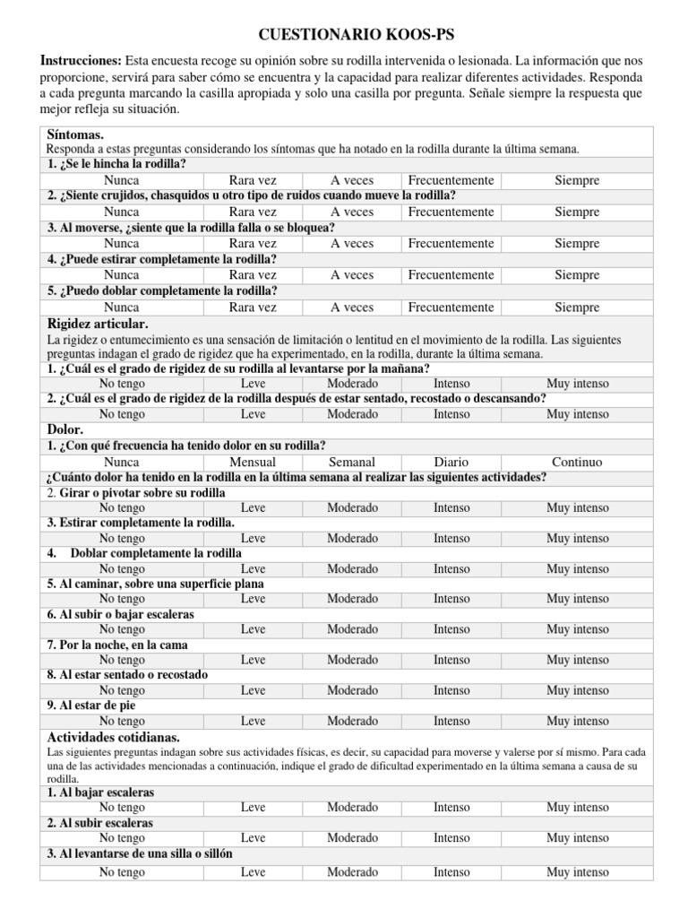 CUESTIONARIO KOOS | PDF | Rodilla