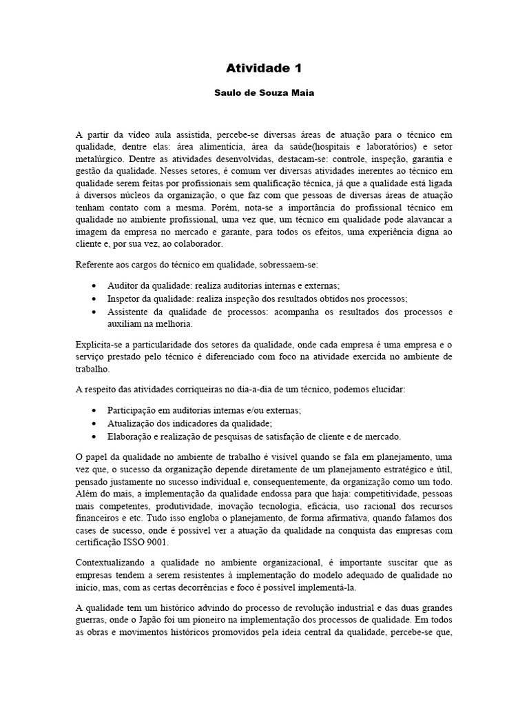 Atividade Complementar 1 Auditoria | PDF | Qualidade (negócios) | Pensamento