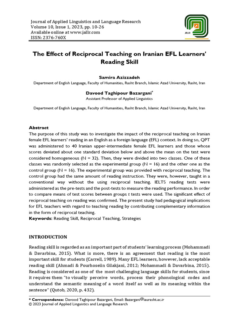 Effect of Reciprocal Teaching On Iranian EFL Learners Reading Skills 2023 | PDF | Reading ...