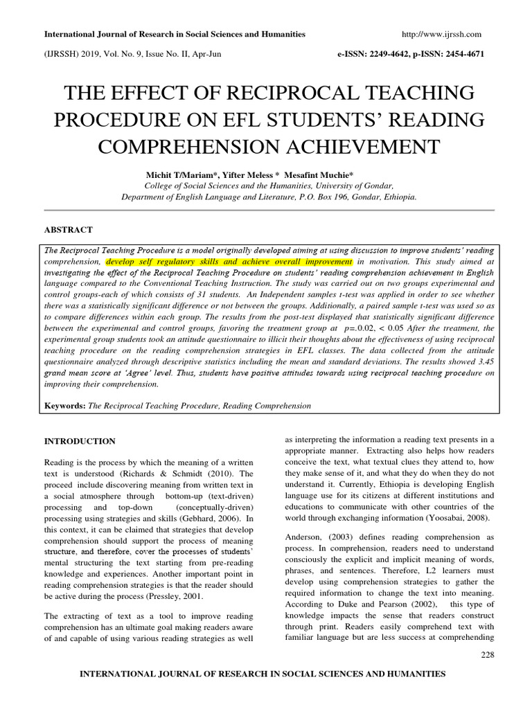 Effects EFL Reciprocal Teaching On Reading Comprehension Achievement ...