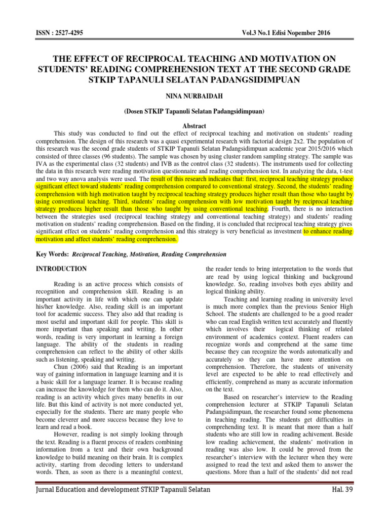Effect of Reciprocal Teaching and Motivation On Reading Comprehension2016 | PDF | Reading ...