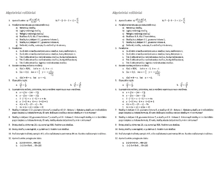 Algebriniai Reiskiniai (Ivairus) Mokiniams | PDF