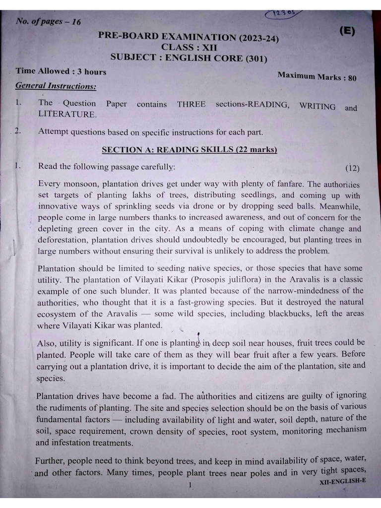 English 12th Class (QP) | PDF