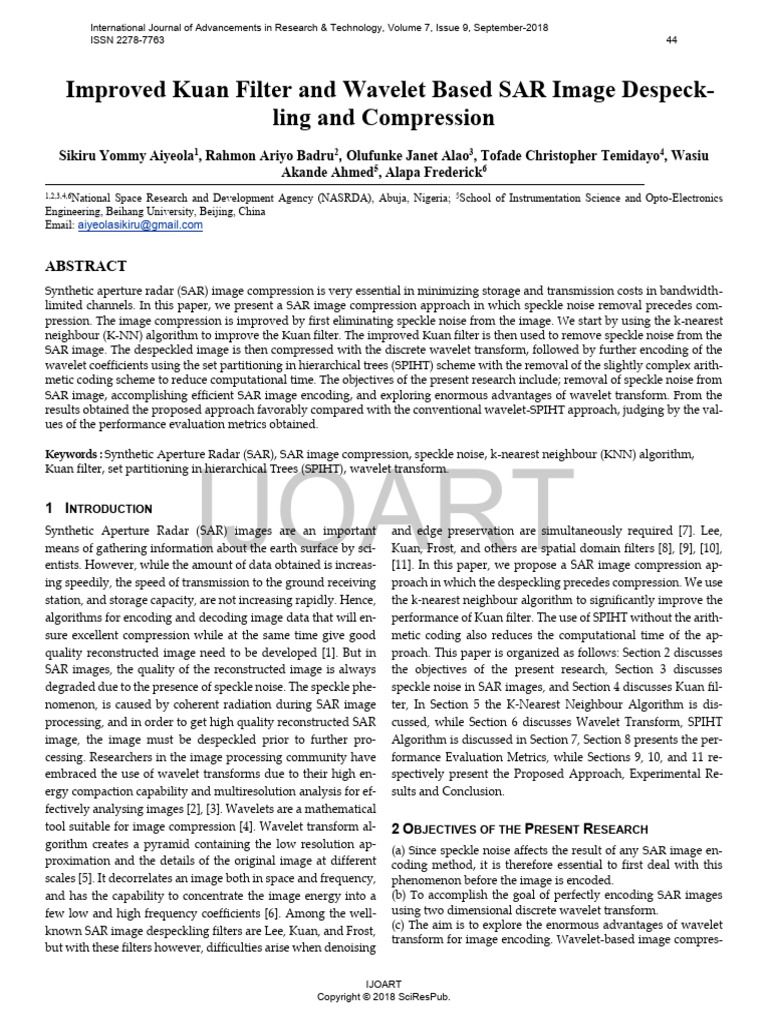 (J) Improved Kuan Filter and Wavelet Based SAR Image Despeckling | PDF