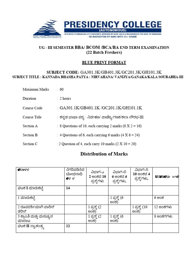 Kannada-III Bba, B.com, Bca, Ba-Qp - Blue Print | PDF