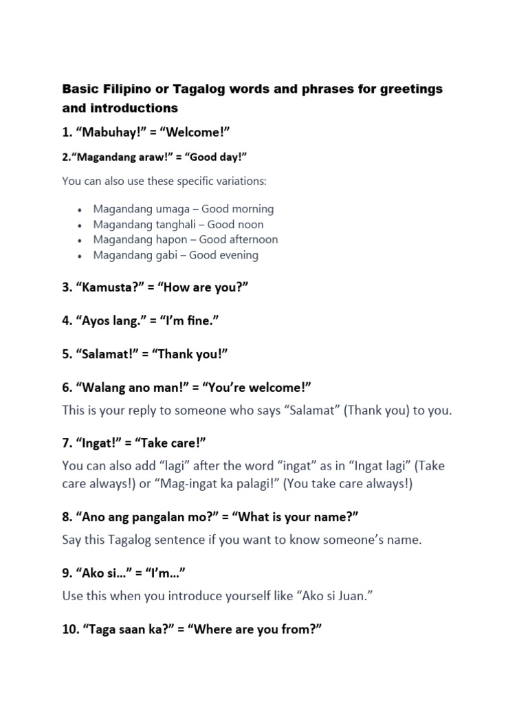 Basic Filipino or Tagalog Words and Phrases For Greetings and ...