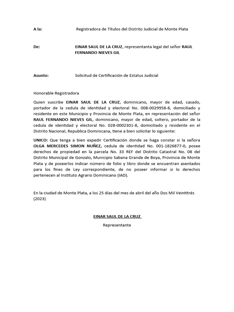 Solicitud de Certificacion de Estatus Judicial Raul | PDF