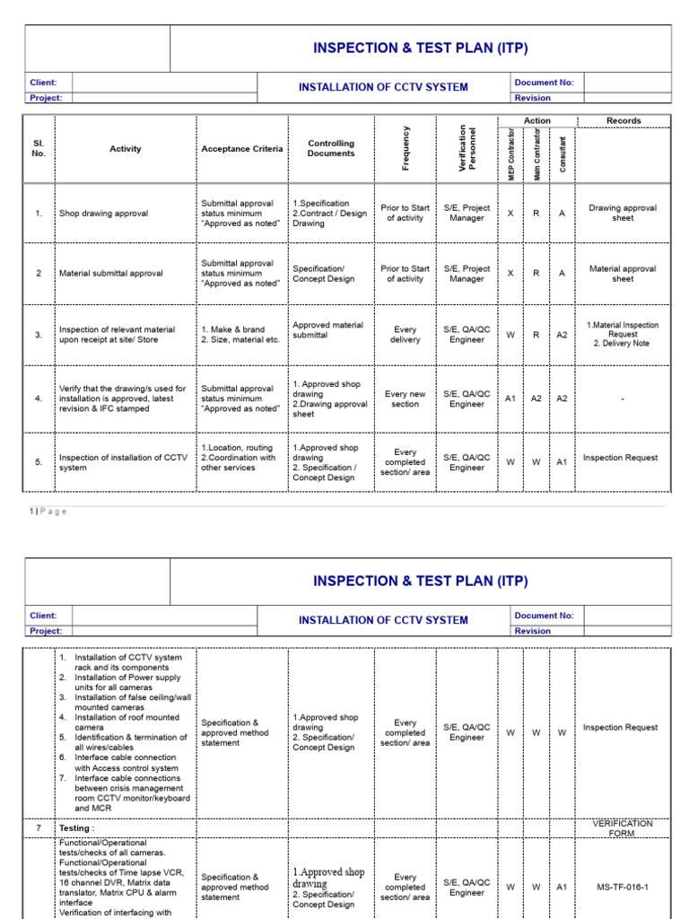 Inspection & Test Plan (Itp) CCTV | PDF