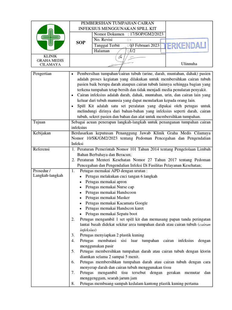 2.3.1 SOP Pembersihan Tumpahan Cairan Infeksius Menggunakan Spill Kit | PDF