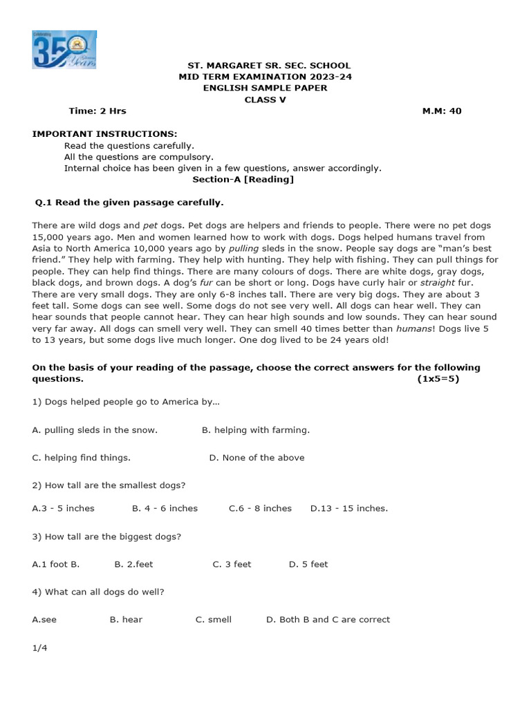 Sample Paper Class 5. English | PDF | Dogs | Bees