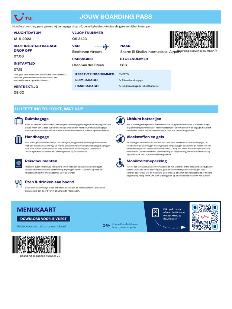 Daan Van Der Steen Boarding Pass 2023-11-13 EIN-SSH | PDF