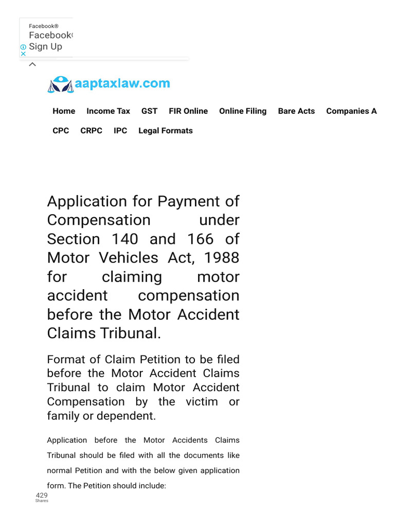 Motor Accident Compensation Claim Form - Application Under Section 140 and 166 of Motor Vehicles ...