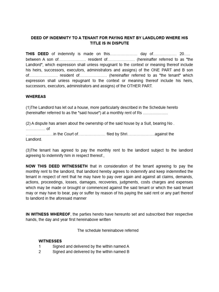 Deed of Indemnity To A Tenant For Paying Rent by Landlord Where His ...