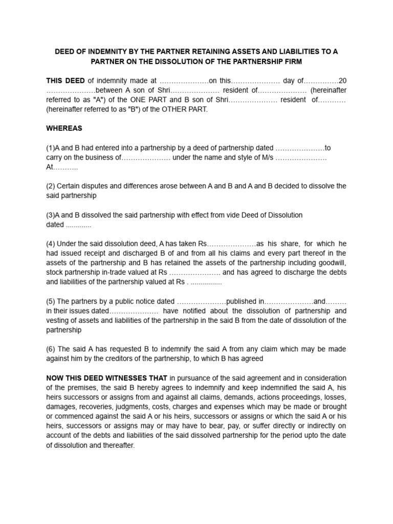 Deed of Indemnity by The Partner Retaining Assets and Liabilities To A ... Deed of Indemnity by The Partner Retaining Assets and Liabilities To A ...