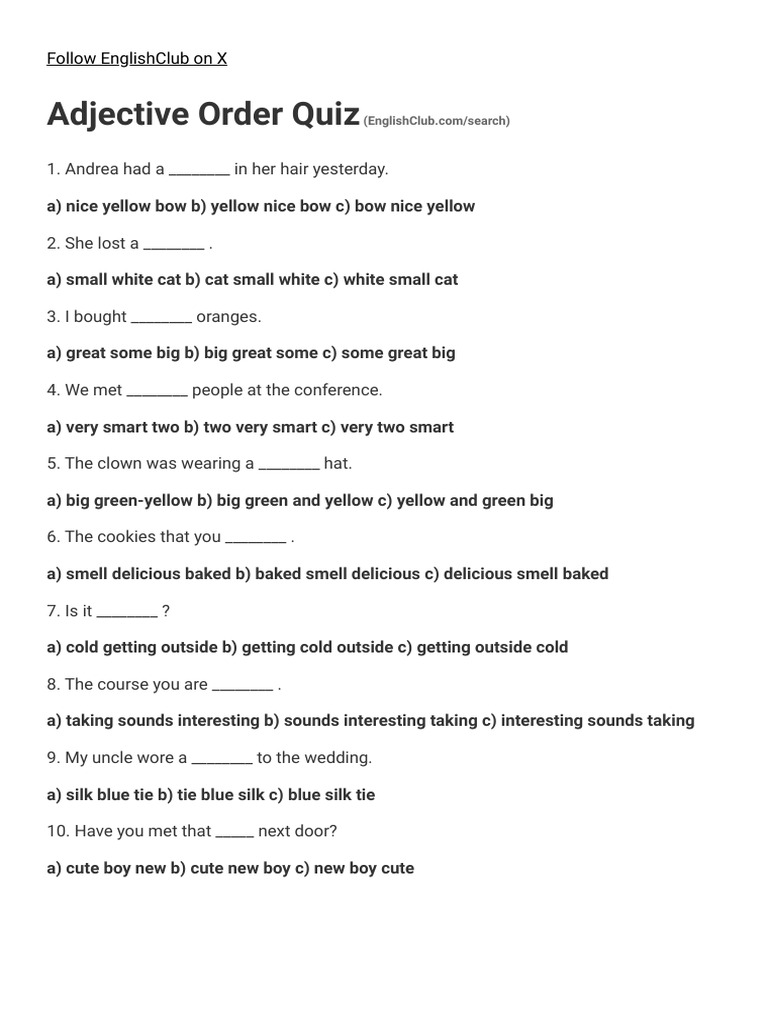 Adjective Order Quiz - Grammar - EnglishClub | PDF