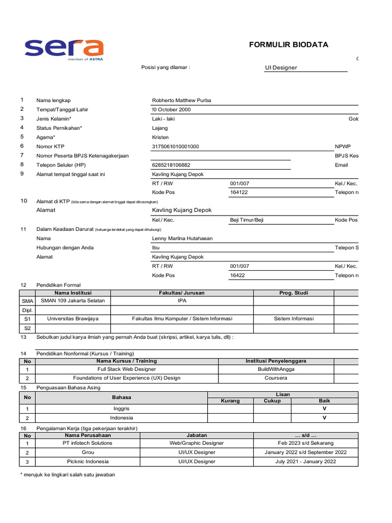 Form Biodata PT. SERA - (Insert Name) | PDF