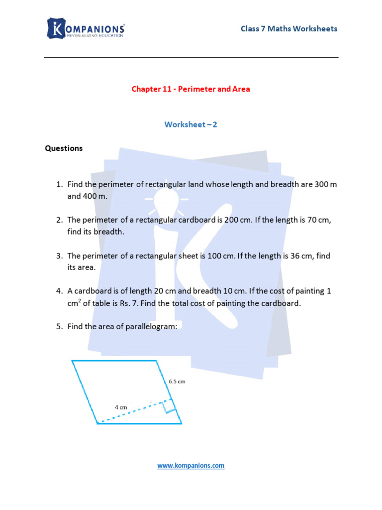 Class 7 Perimeter and Area Worksheet | PDF