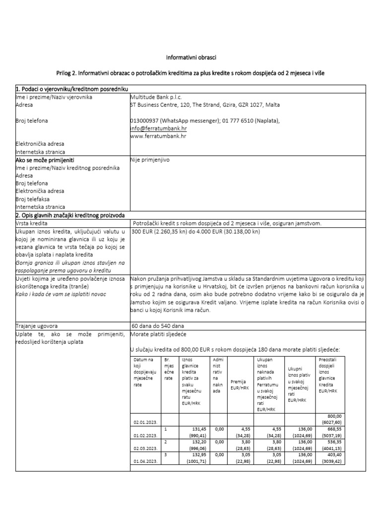 Informativni Obrazac o Potrošačkim Kreditima Za Plus Kredite S Rokom Dospijeća Od 2 Mjeseca I ...