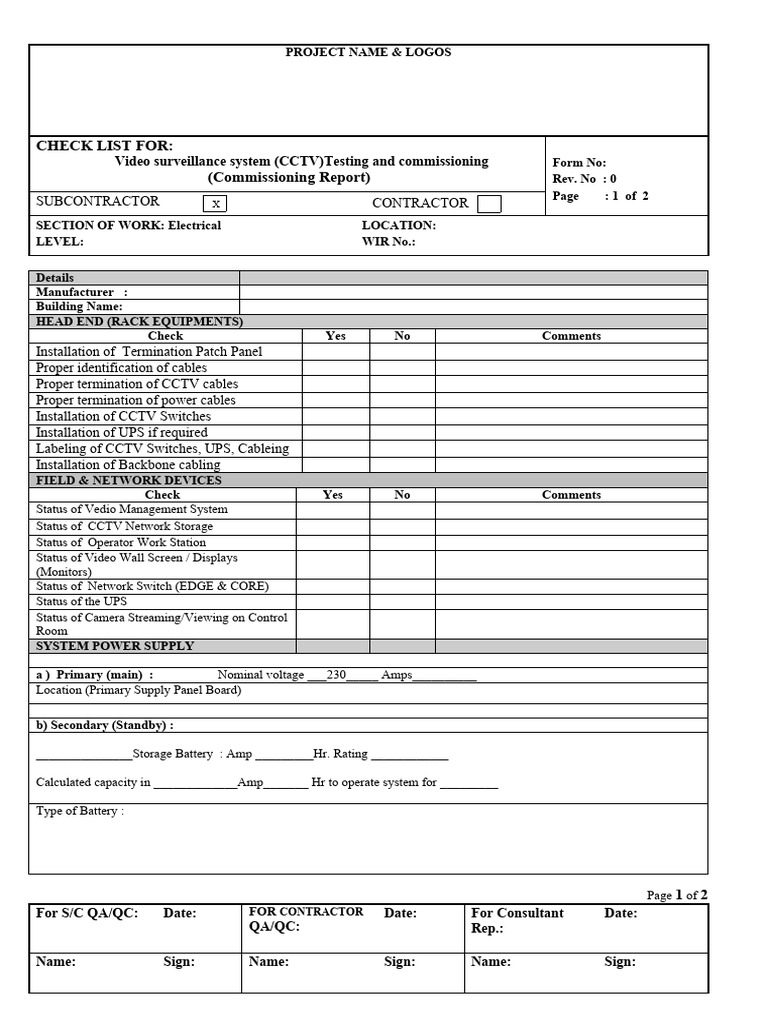 CCTV Testing and Commissioning Checklist | PDF | Closed Circuit ...