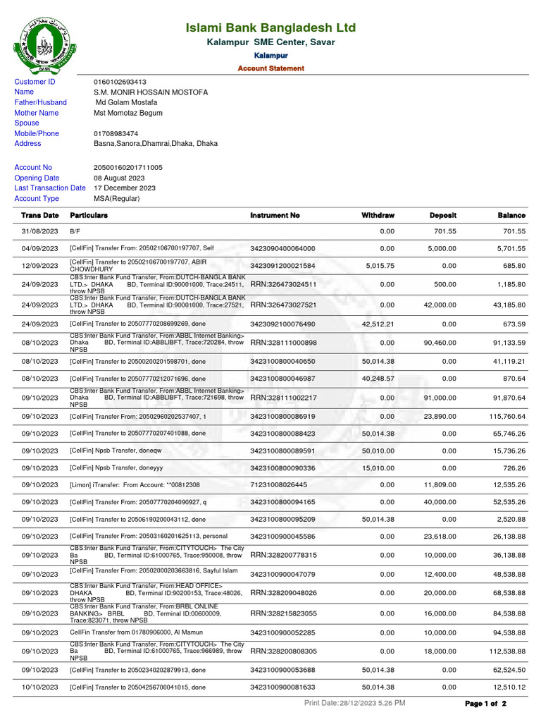 Islami Bank Account Statement Summary | PDF | Banks | Payments
