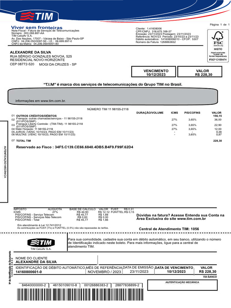 Conta Tim Alexandre Da Silva Mes 11-2023 | PDF | Pagamentos | Comércio