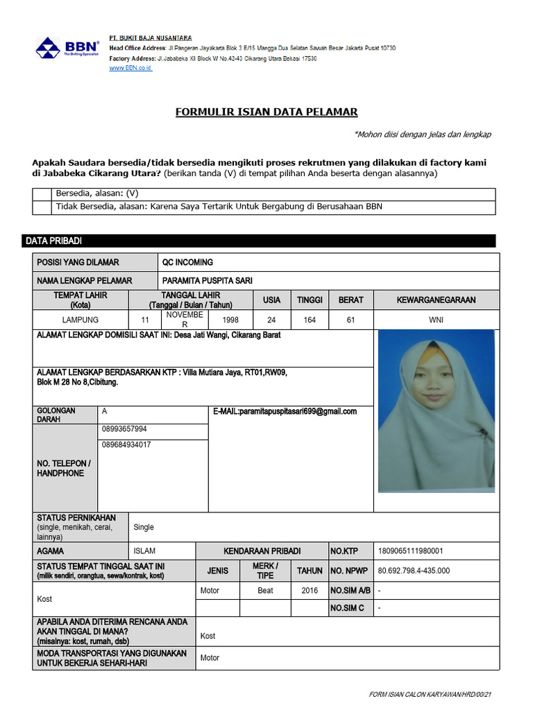 Formulir Isian Data Pelamar - PT Bukit Baja Nusantara | PDF