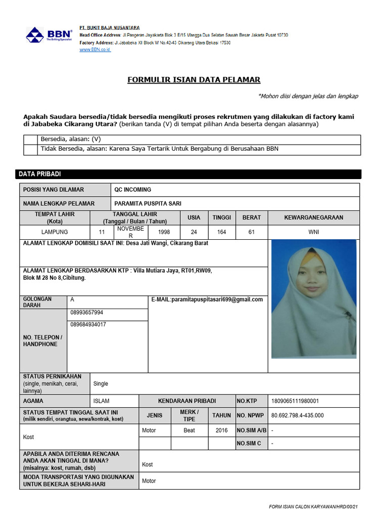 Formulir Data Pelamar Karyawan | PDF