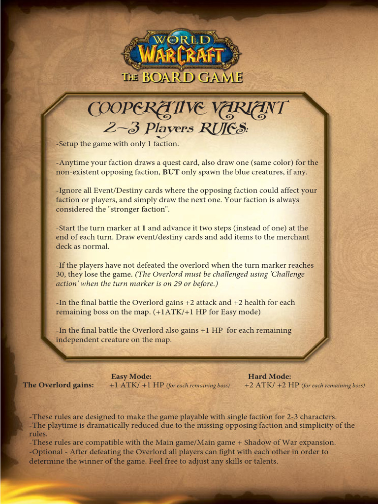 Cooperative Rules for WoW Board Game | PDF | History