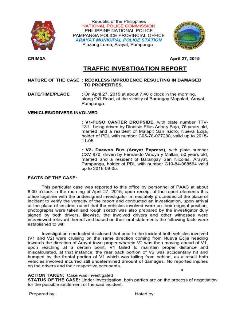 Pampanga Traffic Investigation Report | PDF