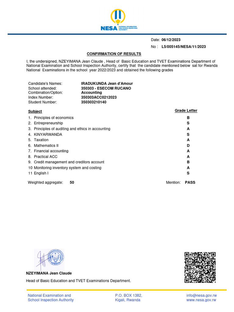 ESECOM RUCANO Exam Results Confirmation | PDF