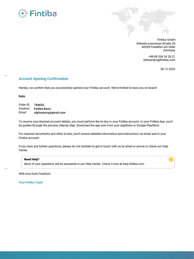Opening Confirmation Fintiba Basic | PDF