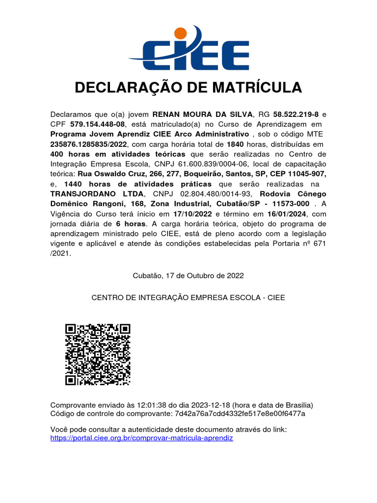 Declaracao Matricula | PDF