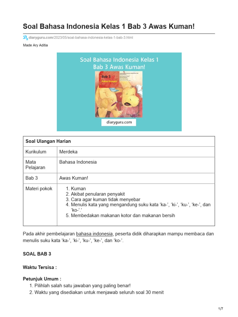 Soal Bahasa Indonesia Kelas 1 Bab 3 Awas Kuman | PDF