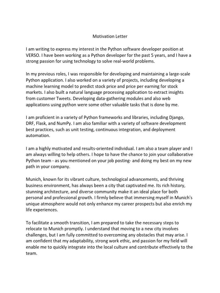 Motivation Letter | PDF | Python (Programming Language) | Software ...
