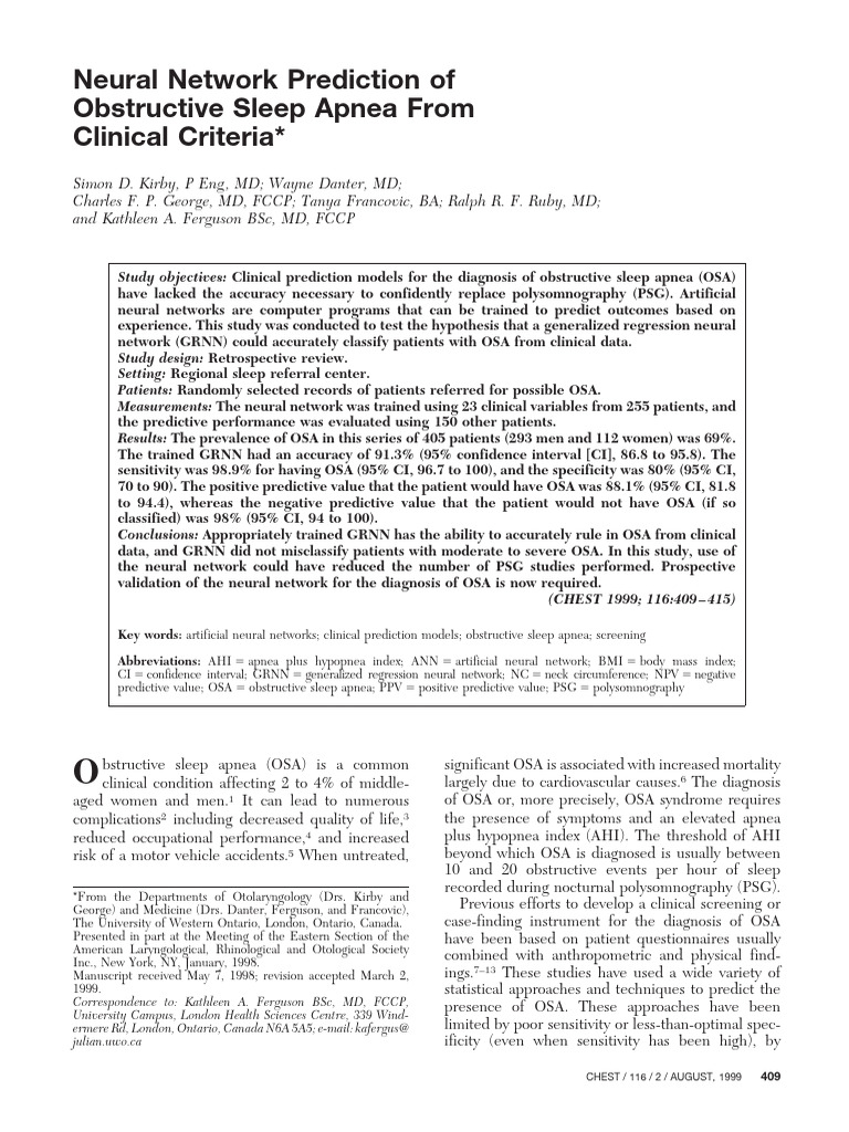 Neural Network Prediction of Obstructive Sleep Apnea From Clinical Criteria | PDF