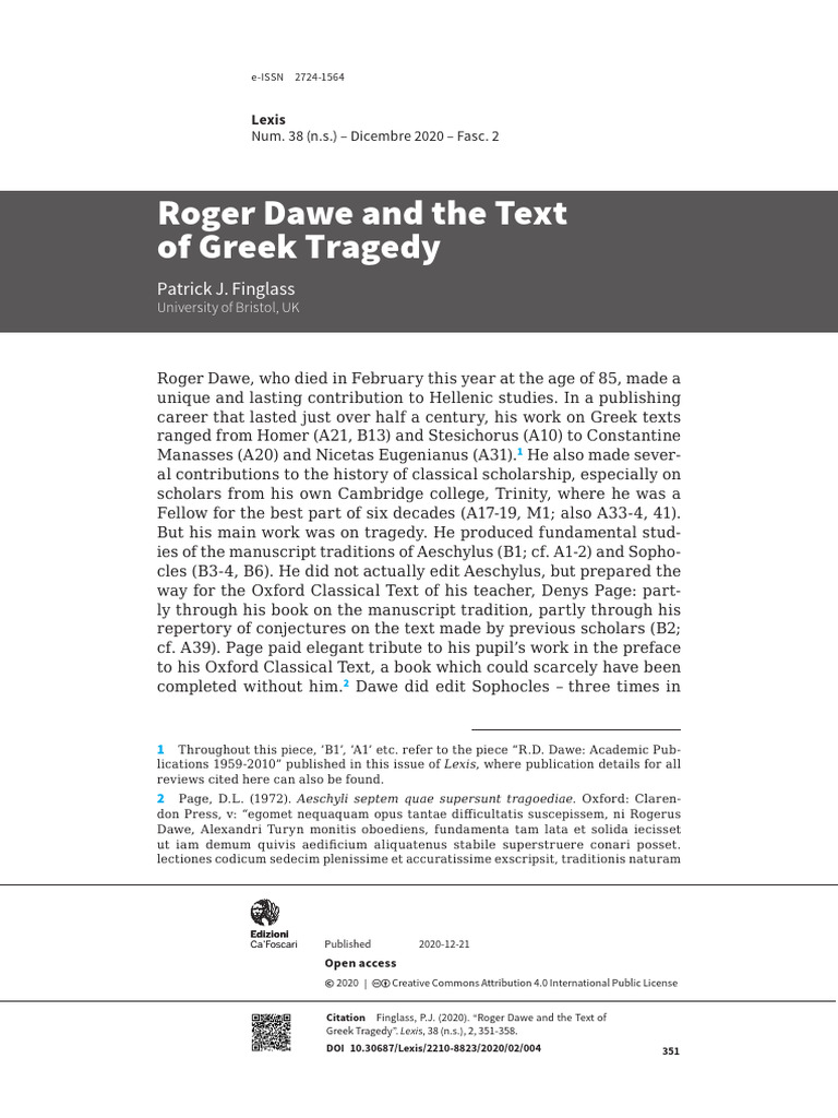 Roger Dawe and The Text of Greek Tragedy: Patrick J. Finglass | PDF ...