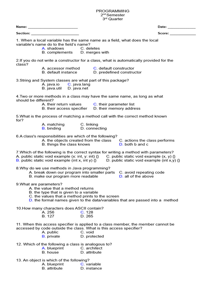 Q3 Exam Reviewer A | PDF | Method (Computer Programming) | Class (Computer Programming)